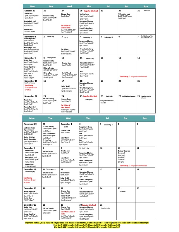 November/December Calendar | Legacy Party Sales