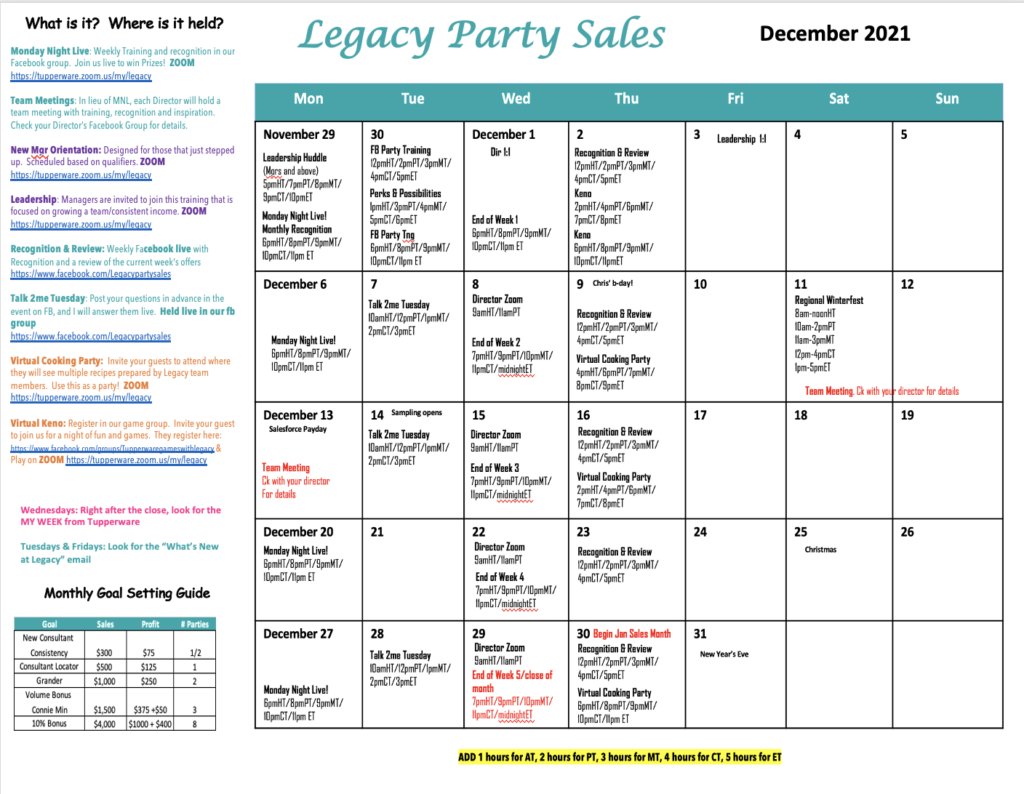 December Calendar of Events | Legacy Party Sales