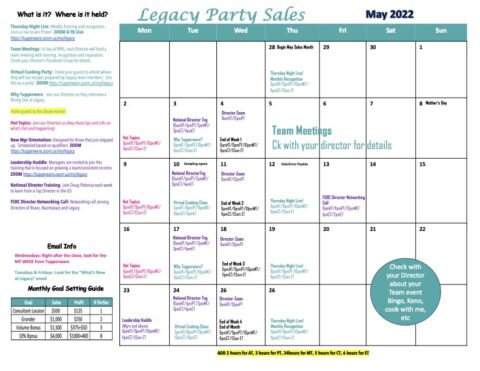 May Calendar of events | Legacy Party Sales