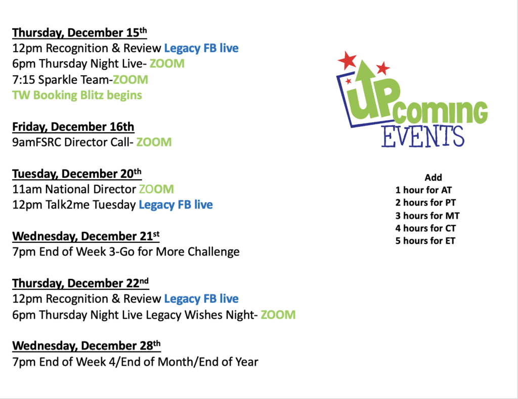Upcoming events | Legacy Party Sales