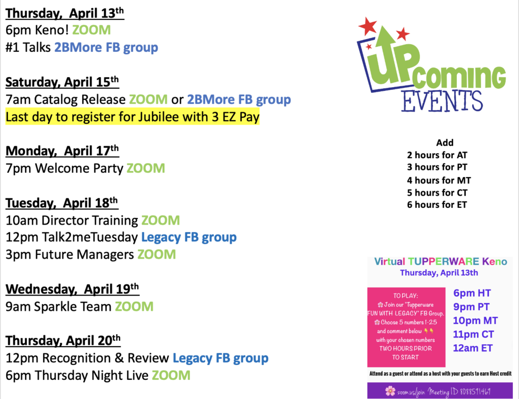 Upcoming events | Legacy Party Sales